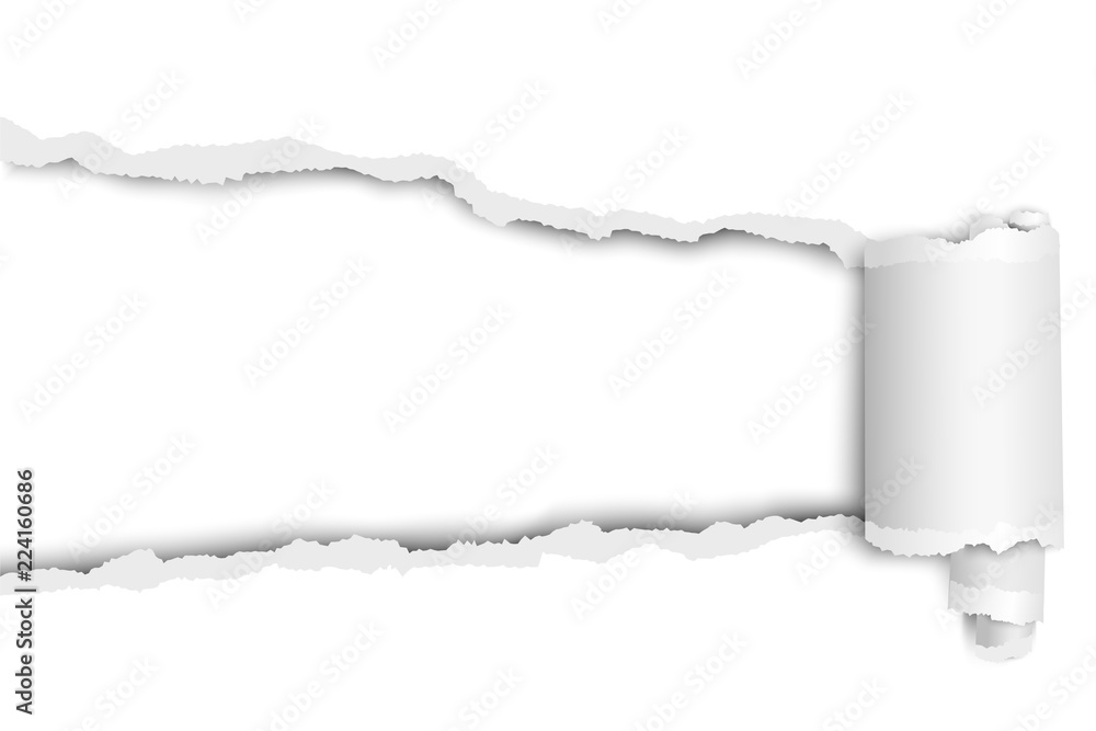 Torn long hole in sheet of white paper with wrapped paper tear. Vector ...