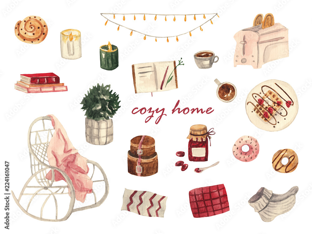Cozy home. Cozy watercolor set with interior items, watercolor ...