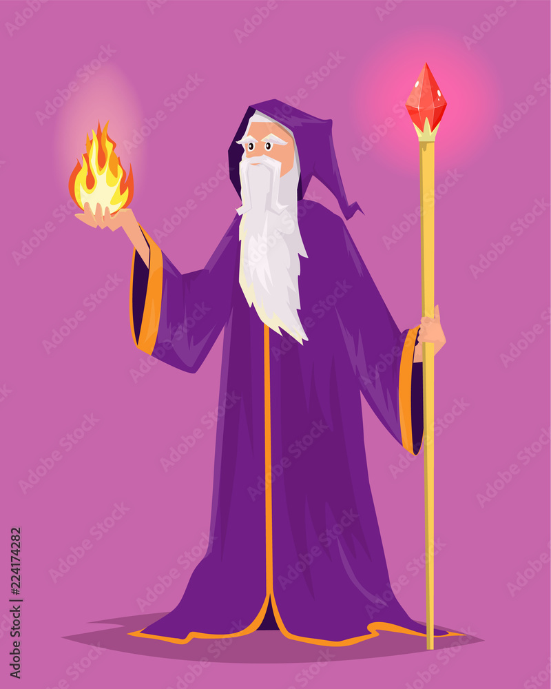 Wizard with fireball and magic staff Stock Vector | Adobe Stock