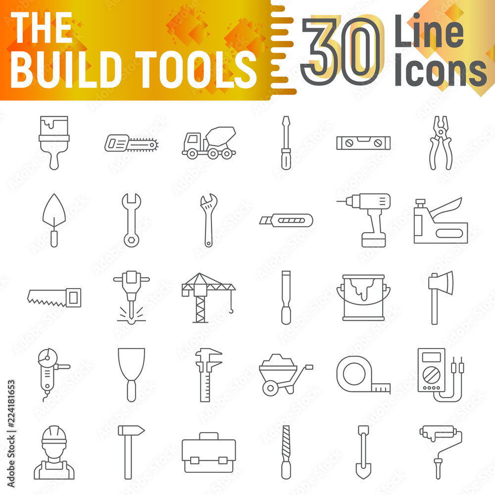 Build tools thin line icon set, construction symbols collection, vector ...