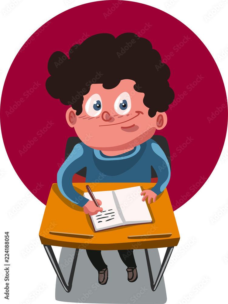 school age boy sitting on the desk and writing the notebook cartoon ...