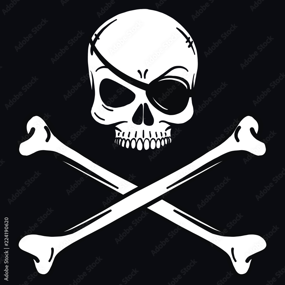Bad skull Skull with eye patch and crossbones. Black white on pirate flag. Vector logo template ...