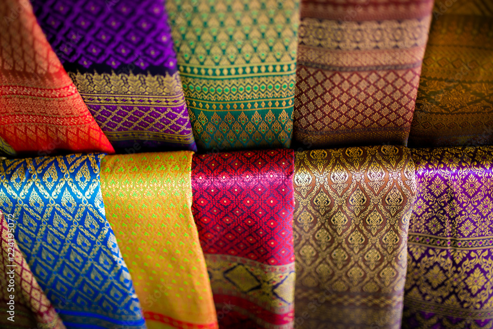 Beautiful Row of Traditional Colorful Thai Silk Fabric Textile and ...