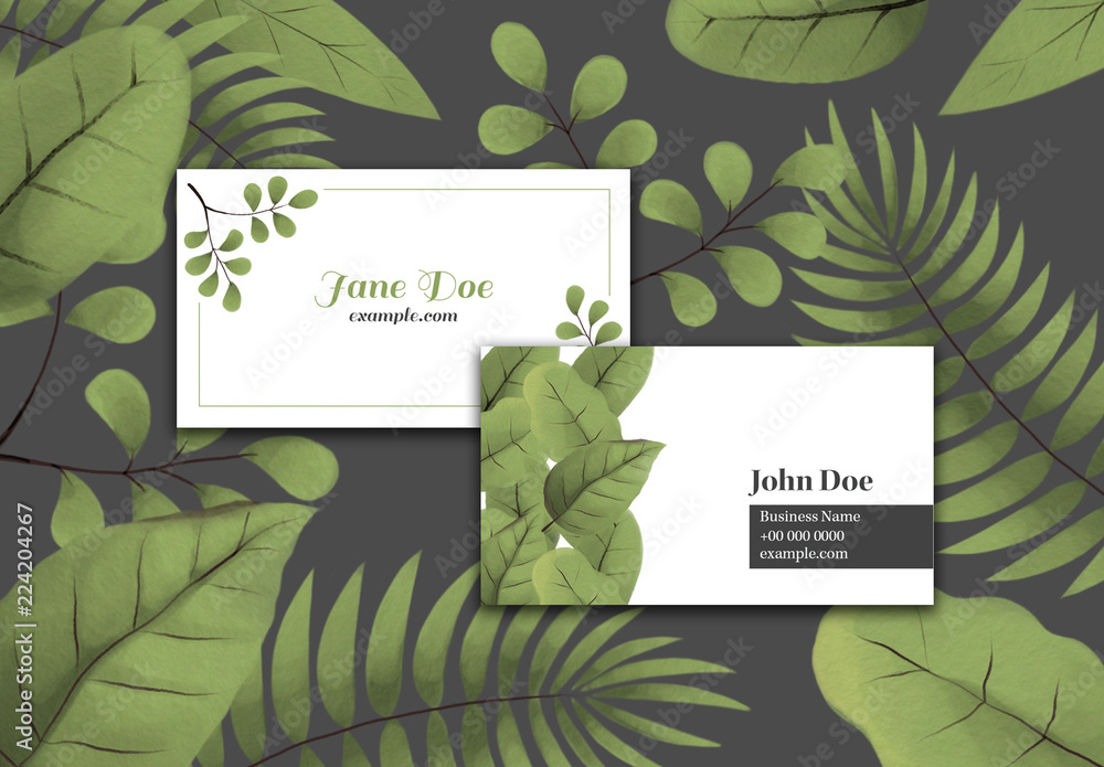 Business Card Layout with Leaf Illustrations Stock Template | Adobe Stock