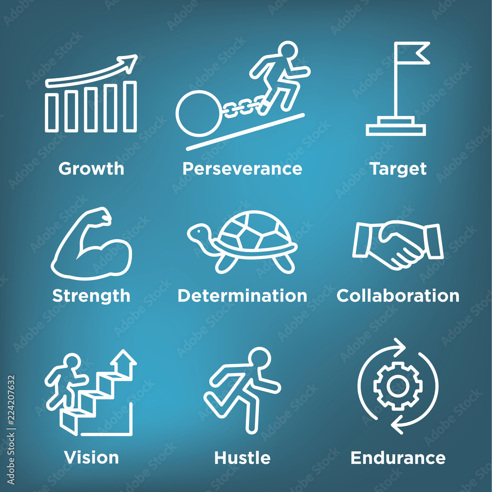 Persistence icon set with image of extreme motivation and drive set on ...