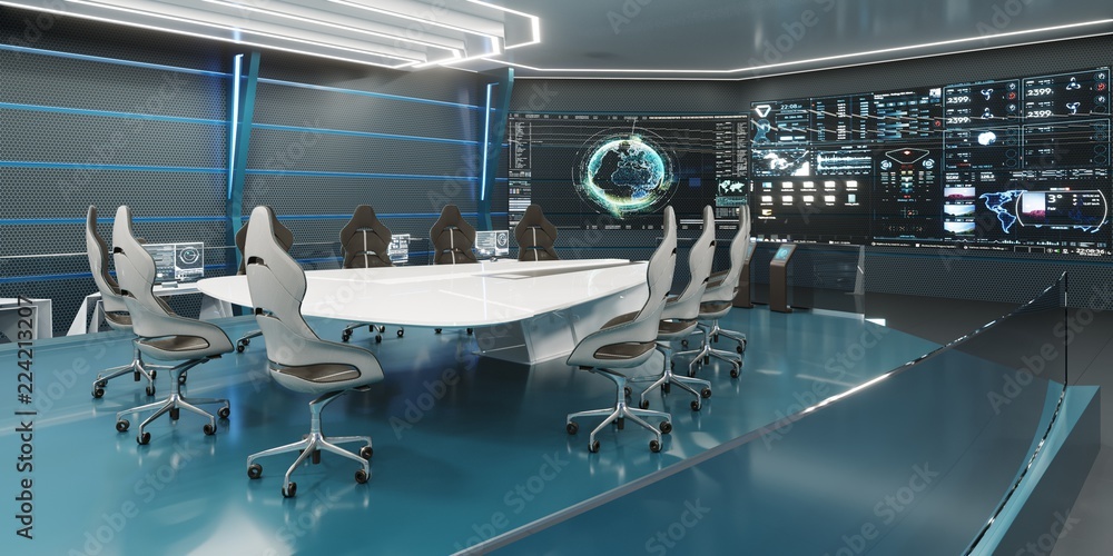 Command center interior, 3D rendering, futuristic conference room Stock ...