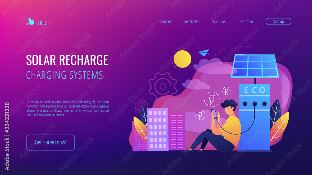 Man charges smartphone from solar recharge station. Ecological ...