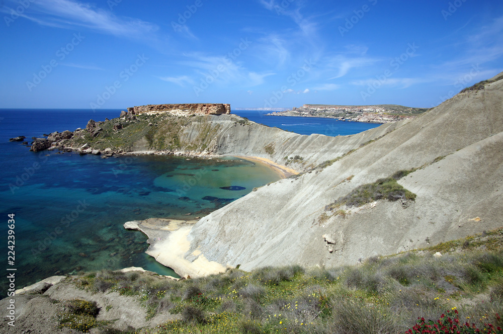 Rocky cliffs of Gnejna Bay from Ta'Lippija, Golden Bay, Malta Stock ...