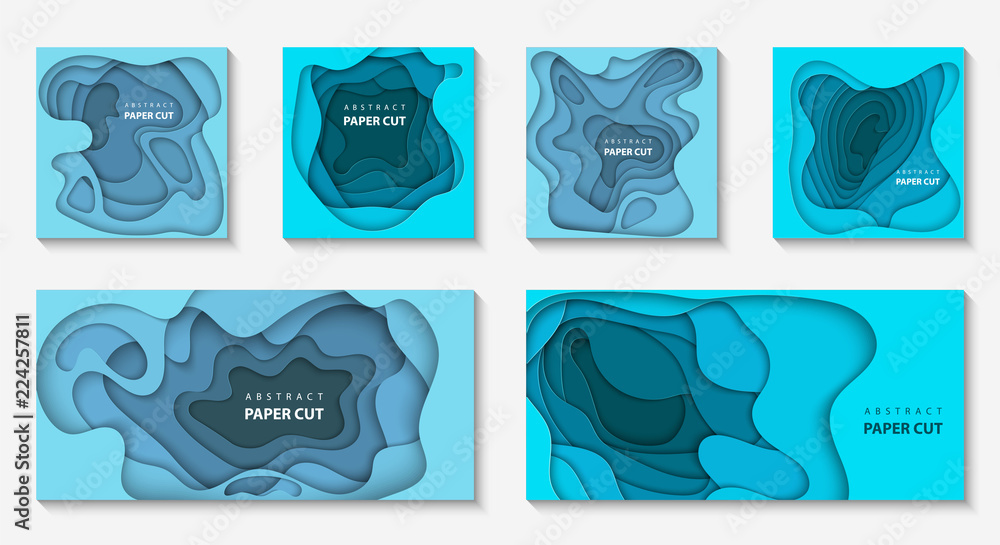Vector set of 6 backgrounds with deep blue color paper cut shapes. 3D ...