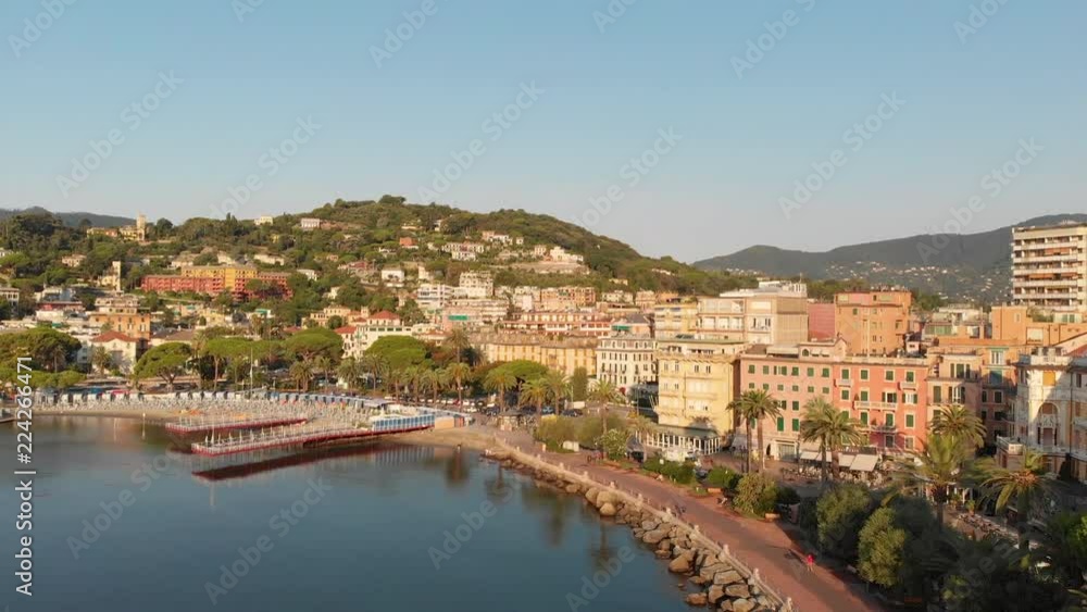 The waterfront of Rapallo and a beach at sunrise. Stock ビデオ | Adobe Stock