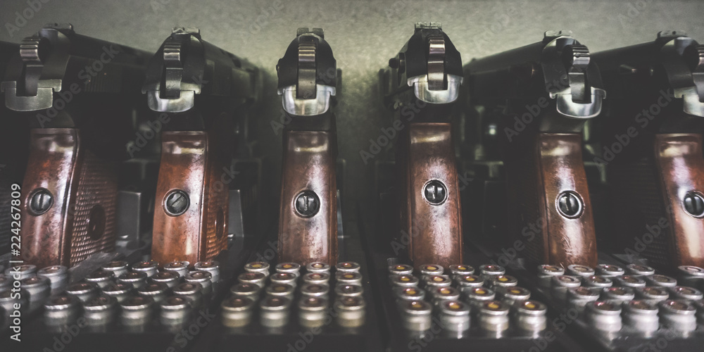 Military Small Arms And Ammunition In Weapons Cabinet. Weapon Of ...