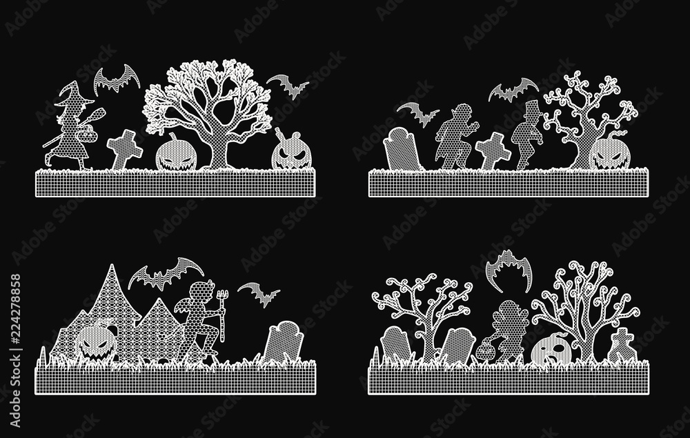 Set of halloween lace vector on black background.Lace pattern ...