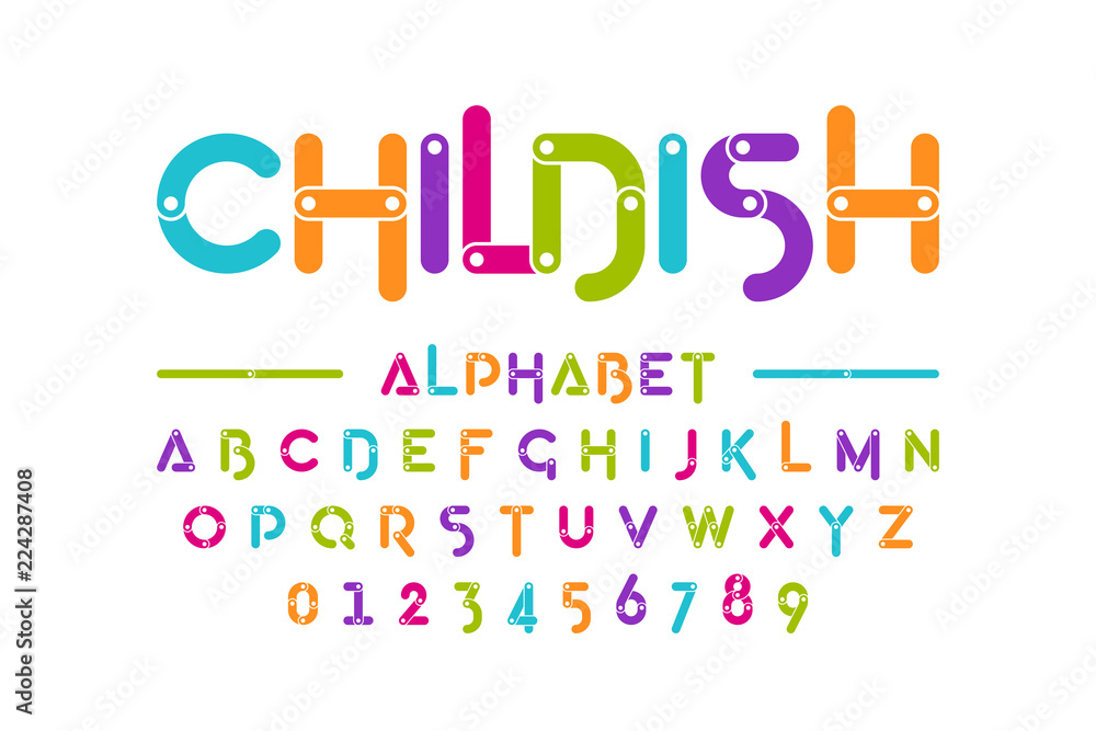 Childish colorful font, construction set alphabet letters and numbers ...