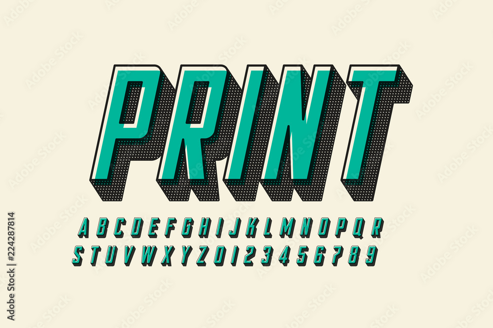 Offset print style modern font design, alphabet letters and numbers ...