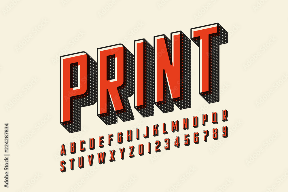 Offset print style modern font design, alphabet letters and numbers ...