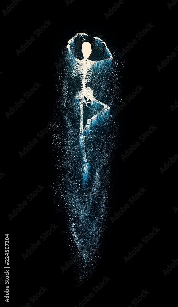 Human skeleton posing with trail of particles. Dancing pose. Halloween ...