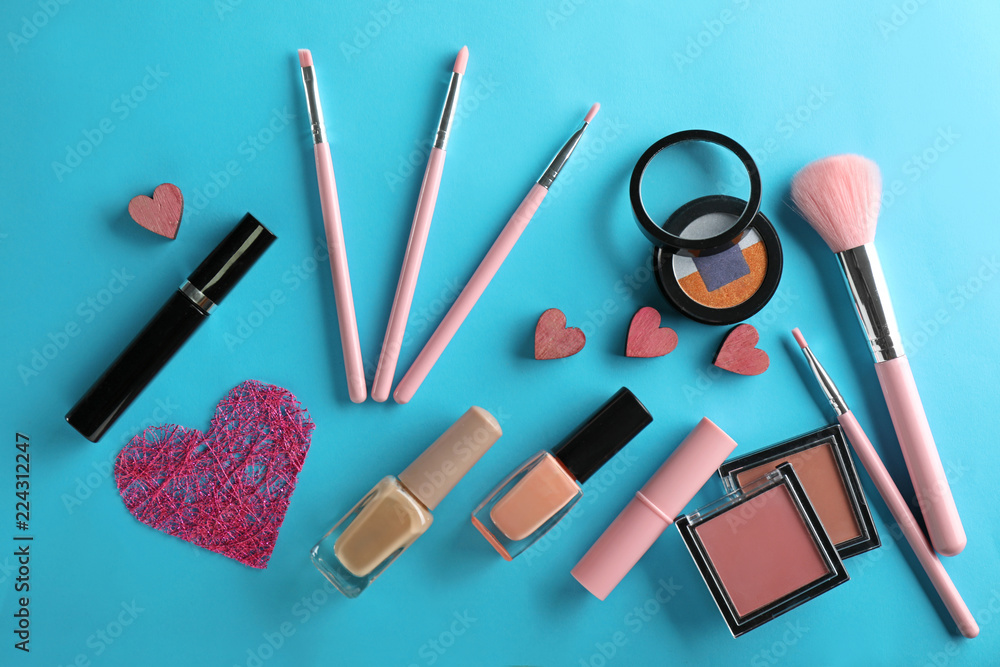 Set of cosmetics with small hearts on color background Stock Photo ...