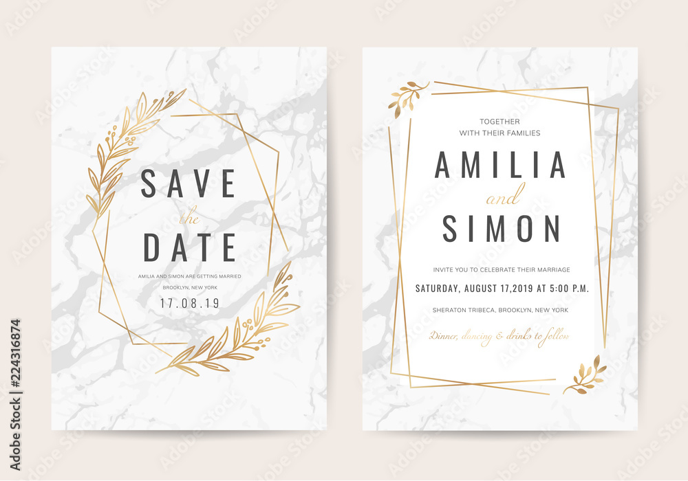 Wedding invitation cards with marble texture background and gold ...