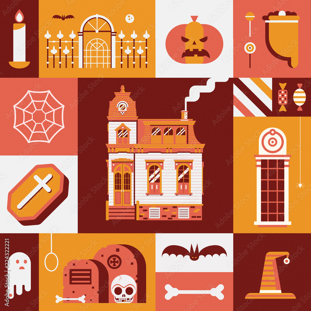 Vintage halloween card with old haunted house, trick or treat bag ...