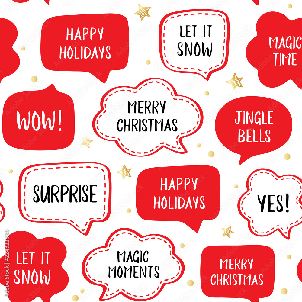 Seamless holiday pattern of vector red speech bubbles with greetings ...