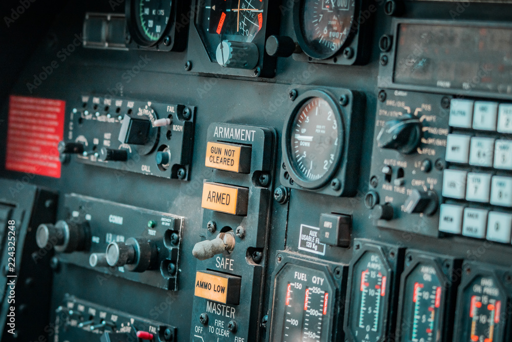 Helicopter cockpit. Details of dashboard, control panel, indicators and ...