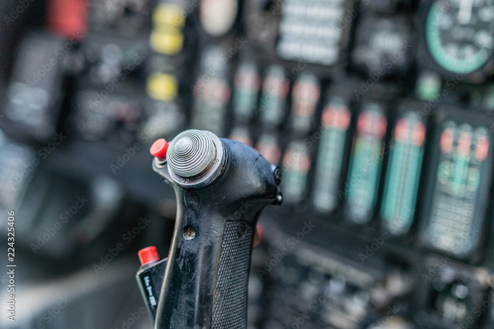 Helicopter cockpit. Details of dashboard, control panel, indicators and ...