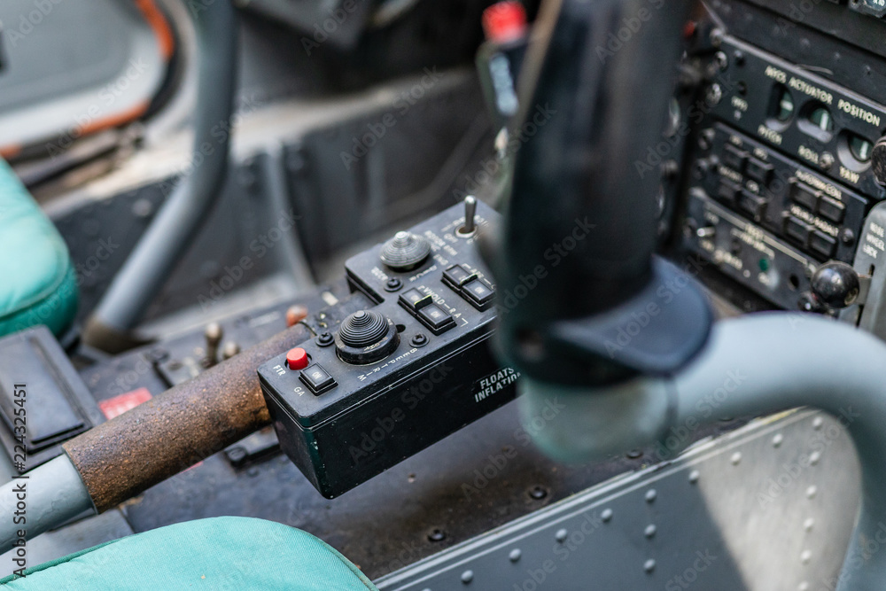 Helicopter cockpit. Details of dashboard, control panel, indicators and ...
