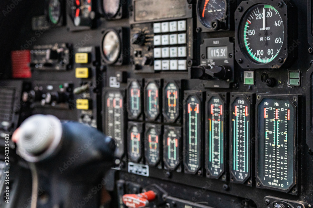 Helicopter cockpit. Details of dashboard, control panel, indicators and ...