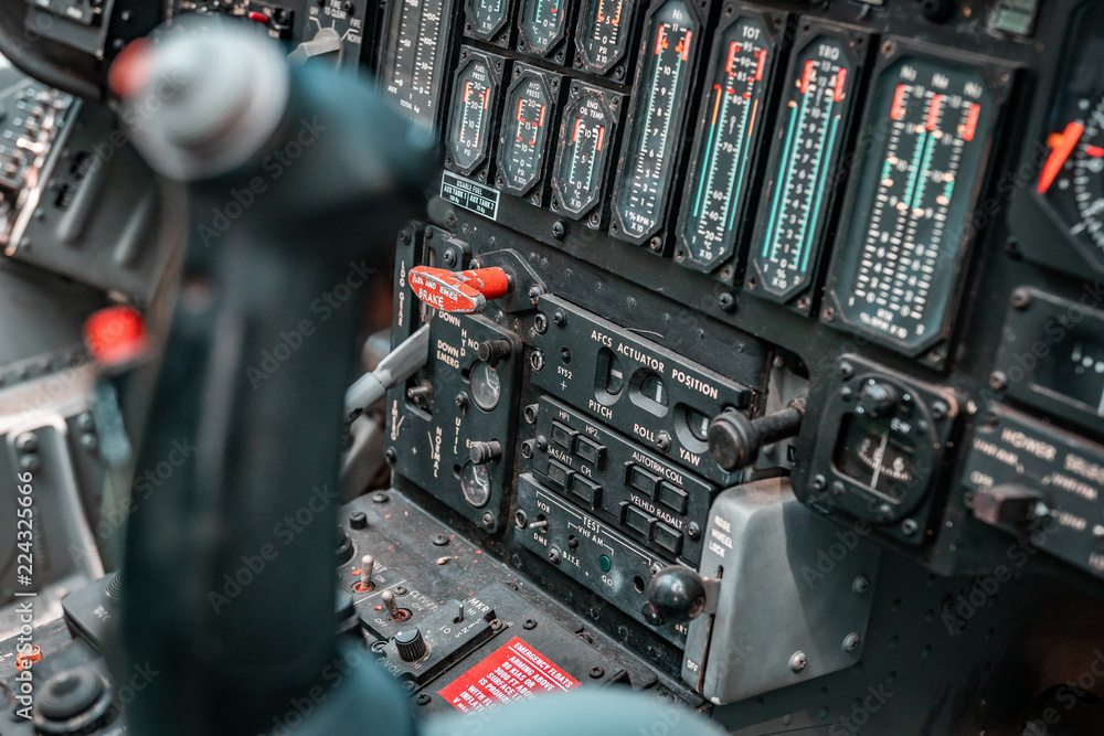 Helicopter cockpit. Details of dashboard, control panel, indicators and ...