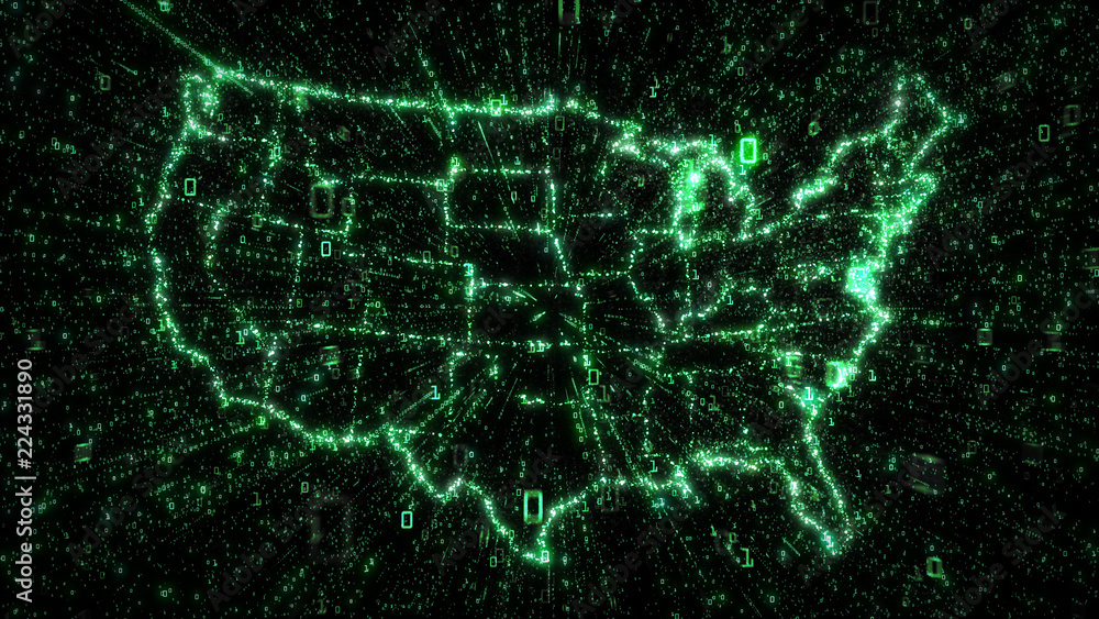 Green binary data explosion from map of USA illustrating Big Data Stock ...