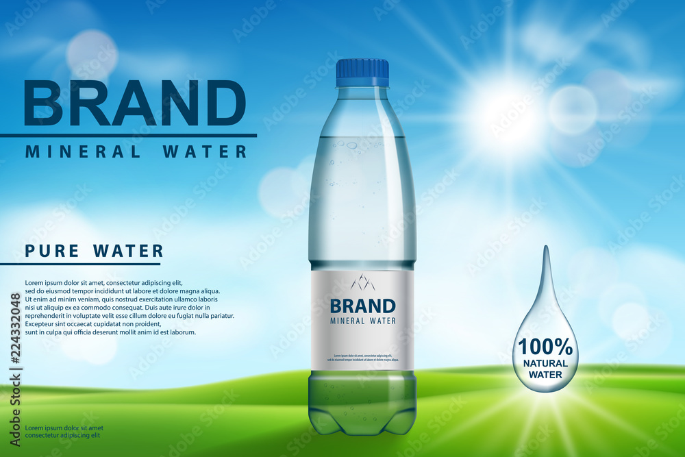 Mineral water ad, plastic bottle with pure mineral liquid on sunny ...