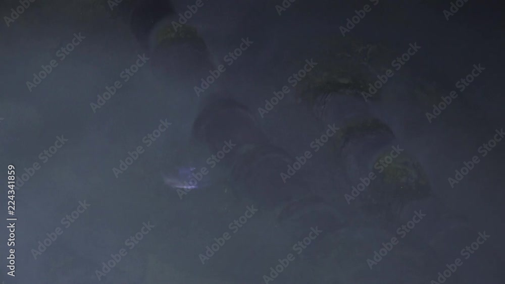 Blue fire of burning sulfur in a crater of a volcano Kawah ijen, Java ...