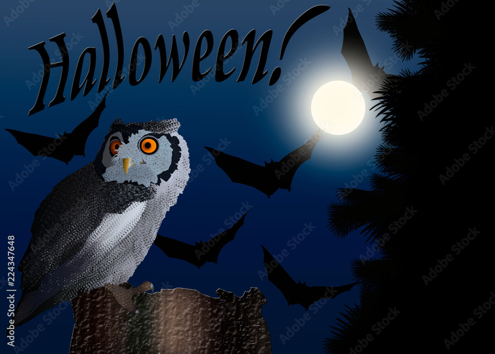 Halloween card. Illustration of an owl sitting on a stump and bats at ...