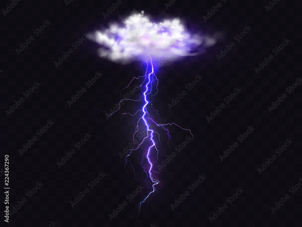 Lightning thunderbolt from thunderstorm cloud vector illustration. Isolated realistic electric ...
