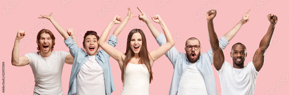 Collage of winning success happy men and women celebrating being a ...