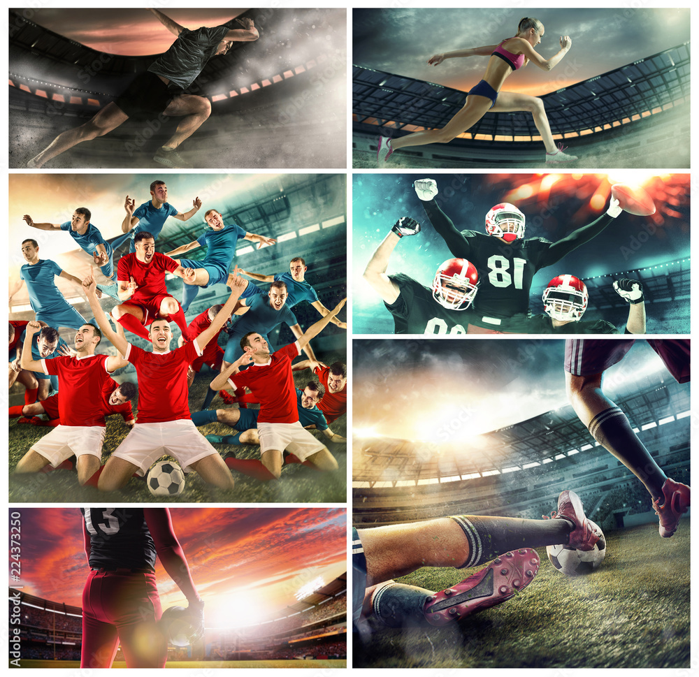 Irresistible in attack. Multi sports collage about soccer, American ...