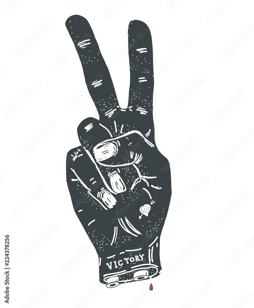 Victory! Black ink illustration in retro tatoo style. Vector grunge ...