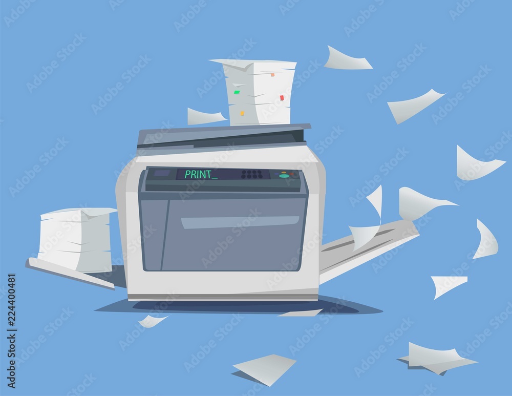 Vetor de Office Multifunction Printer scanner. A lot of documents and papers Isolated Flat ...