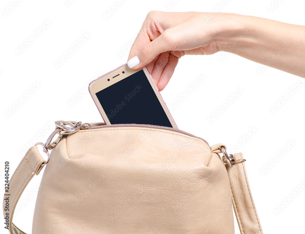 Female beige leather bag in hand smartphone mobile phone on white ...