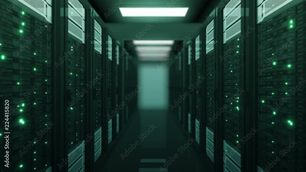 Seamless Flight Through the Server Racks Green Color in Data Center DOF ...