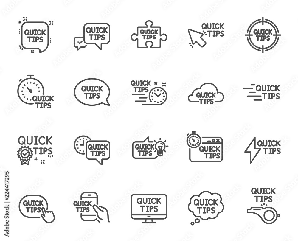 Quick tips line icons. Set of Helpful tricks, Solution and Quickstart ...