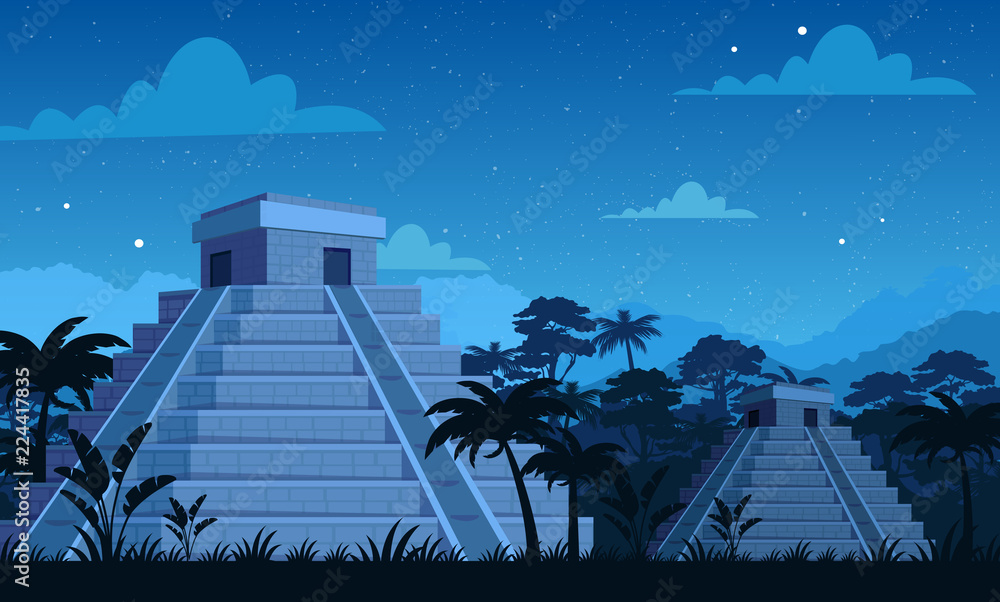 Vector illustration of ancient Mayan pyramids in night time with ...