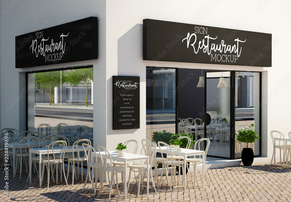 Two Signs and Blackboard Outside Café Mockup Stock Template | Adobe Stock