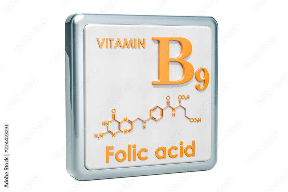 Vitamin B9, folic acid. Icon, chemical formula, molecular structure on ...