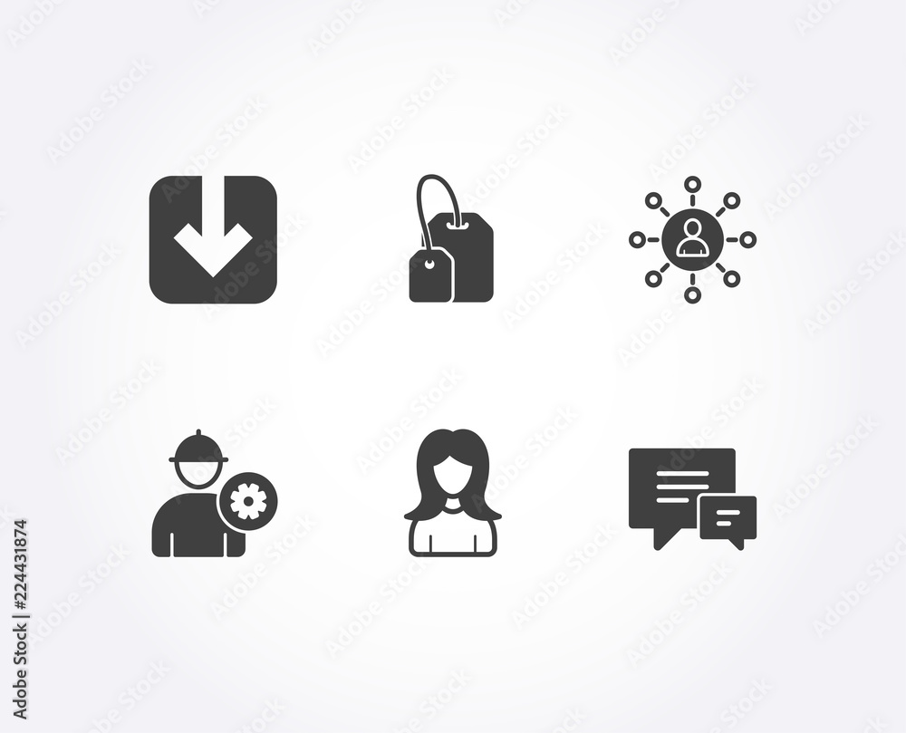 Set of Engineer, Tea bag and Networking icons. Load document, Woman and ...