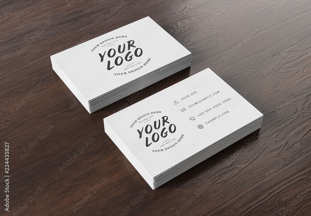 2 Stacks of Business Cards on Wooden Desk Mockup Stock Template | Adobe ...