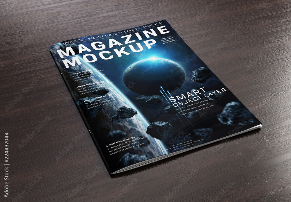 Magazine Cover on Wooden Desk Mockup Stock Template | Adobe Stock