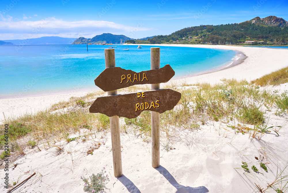 Praia de Rodas beach sign islas Cies island Vigo Stock Photo | Adobe Stock
