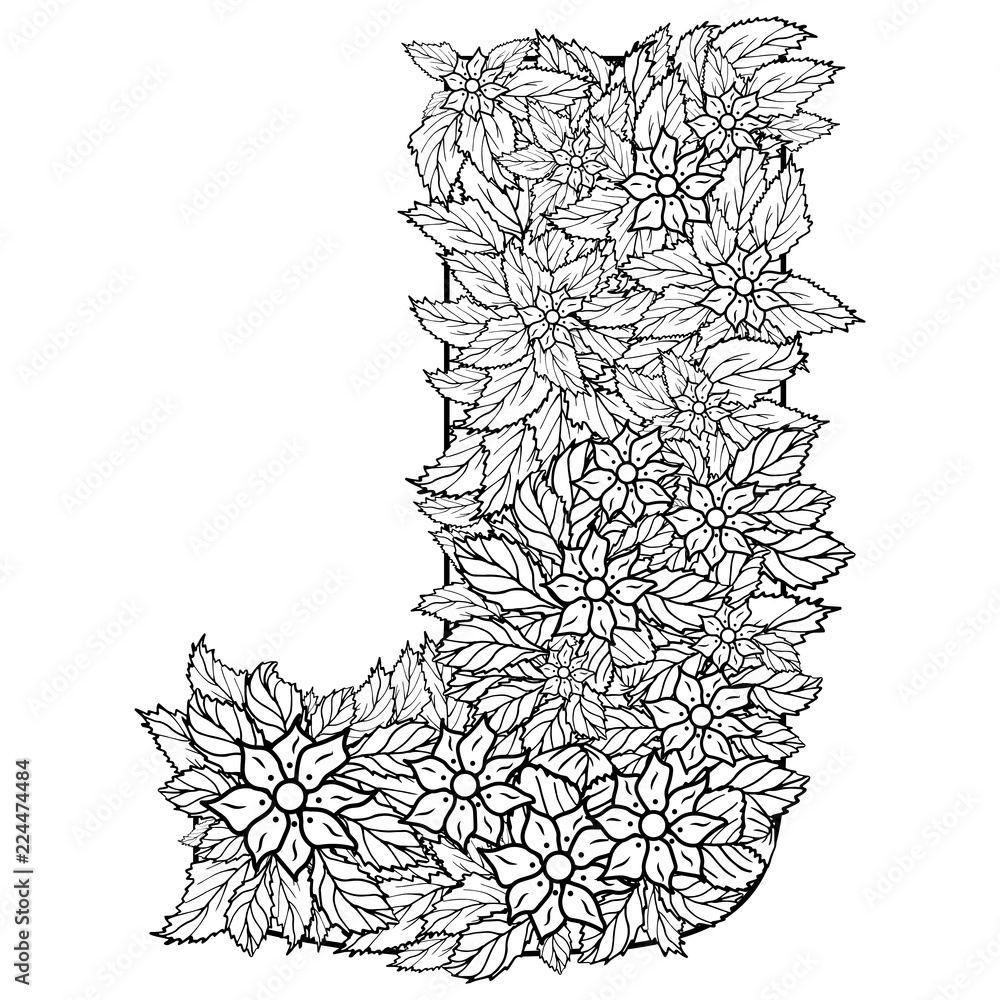 Letter J. Dudling drawing, mandala. Alphabet in the style of dudling ...