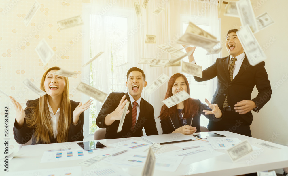 Happy emotional Asian people celebrate success Business screaming under ...